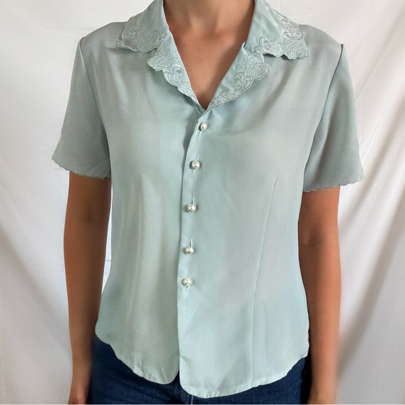 Vintage | Tops | Vintage Collared Embroidered Button Up Blouse Top ...